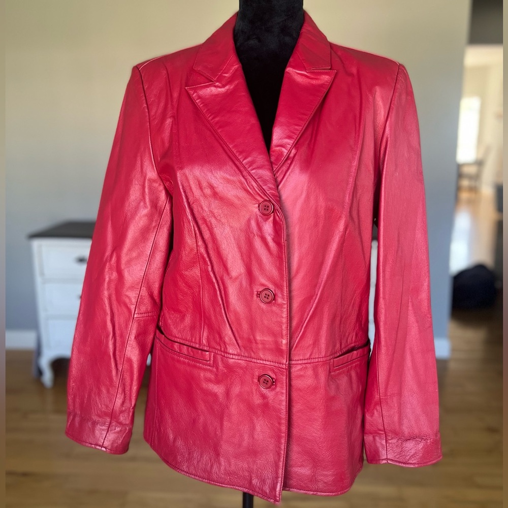 Vintage Cherry Red Real Leather Jacket| Sz Medium| Lo… - Gem